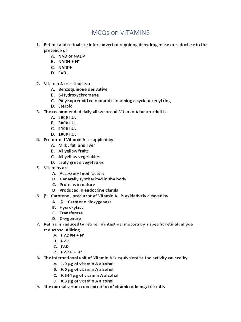 MCQ Vitamins Biochemistry | PDF | Vitamin A | Vitamin