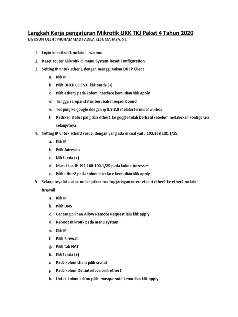 Langkah Kerja Pengaturan Mikrotik UKK TKJ Paket 4 Tahun 2020 | PDF