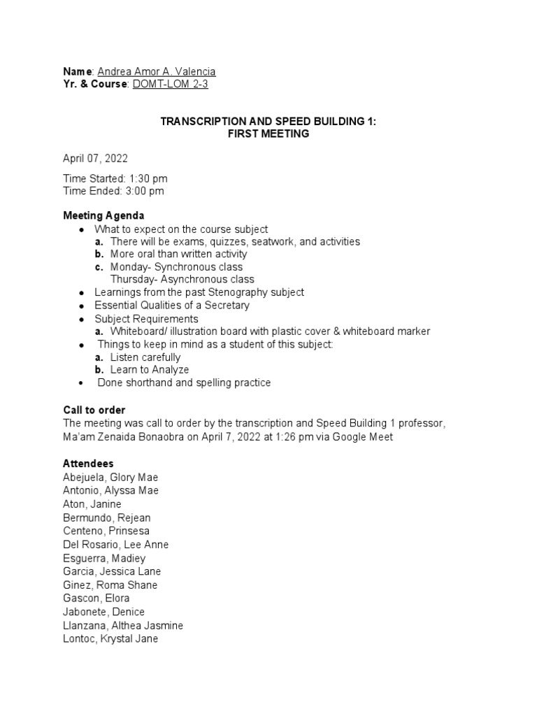 Transcription Course Meeting Summary | PDF