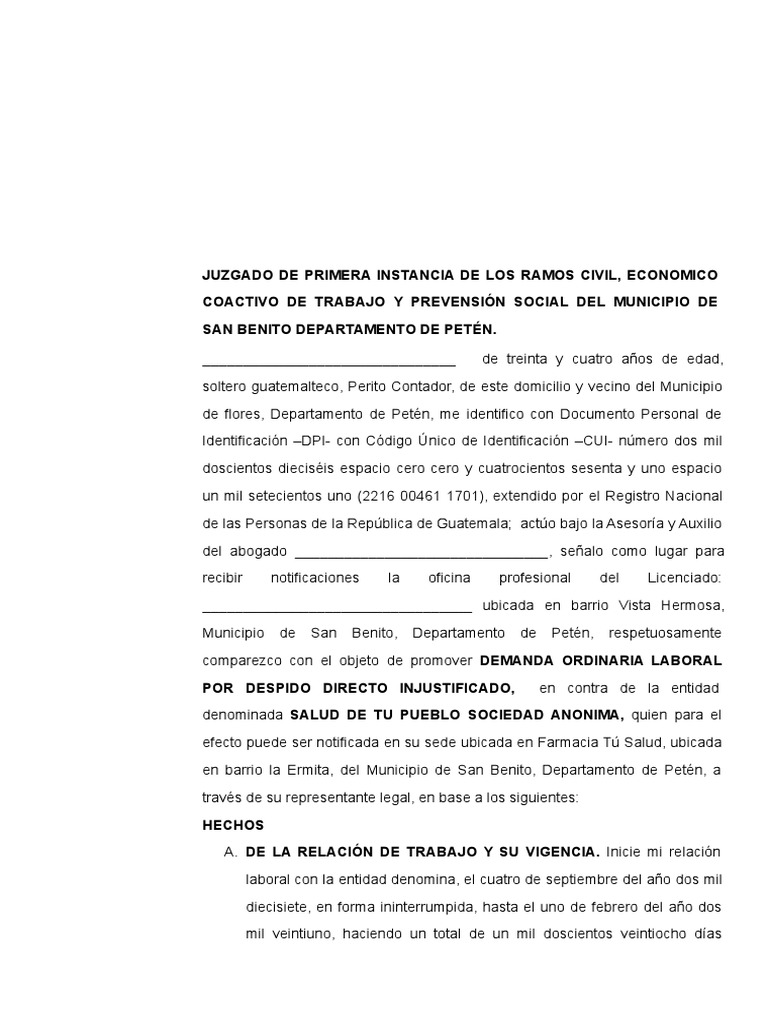Memorial de Demanda de Juicio Ordinario Laboral Por Despido Directo e ...