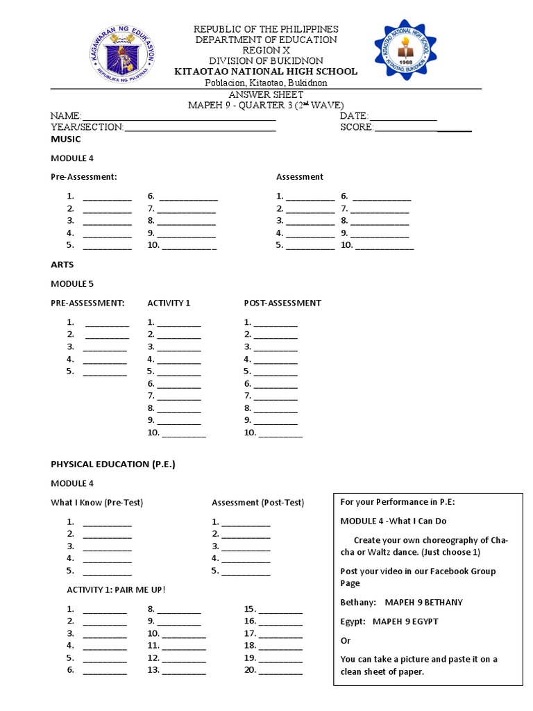 3rd Quarter MAPEH 9 Answer Sheet 2ND Wave | PDF | Communication | Teaching