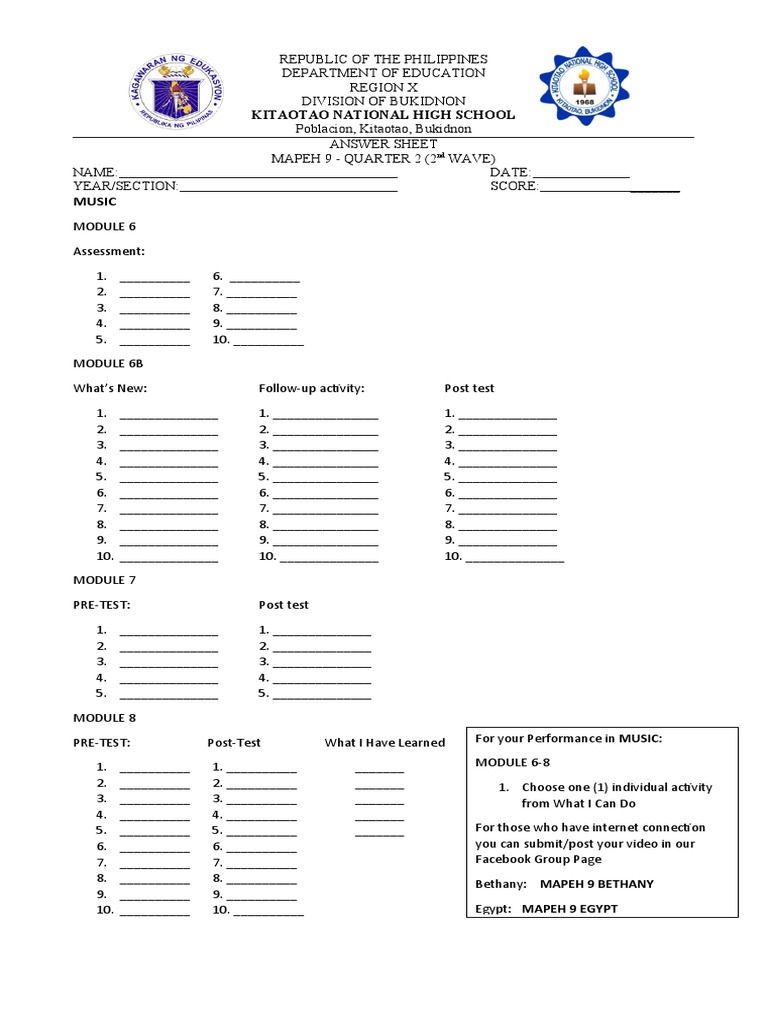 2nd Quarter MAPEH 9 Answer Sheet 2nd Wave | PDF | Evaluation