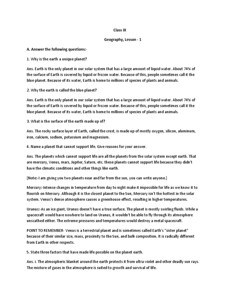 Class IX Geography, Lesson - 1 A. Answer The Following Questions | PDF ...