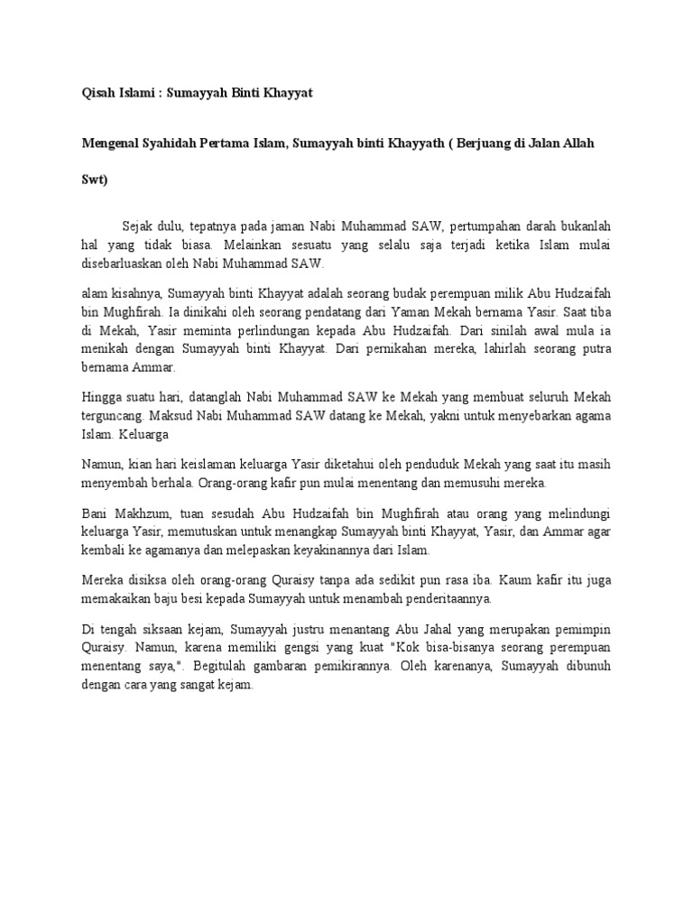 KISAH SUMAYYAH BINTI KHAYYAT, SYAHIDAH PERTAMA ISLAM | PDF