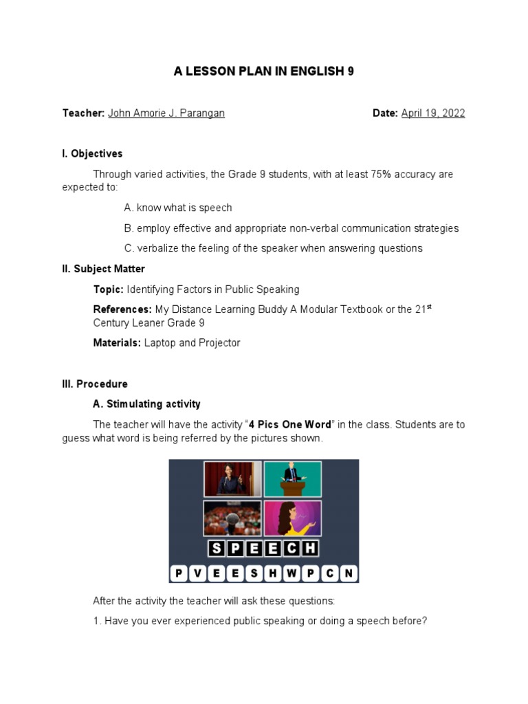Grade 9 Public Speaking Lesson Plan | PDF | Lesson Plan | Public Speaking