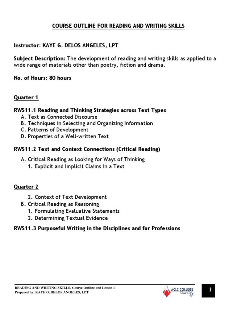 READING & WRITING SKILLS (Course Outline and Lesson 1) | PDF ...