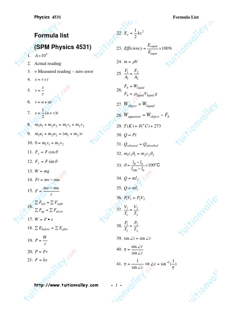 SPM Physics Formula List Not Given