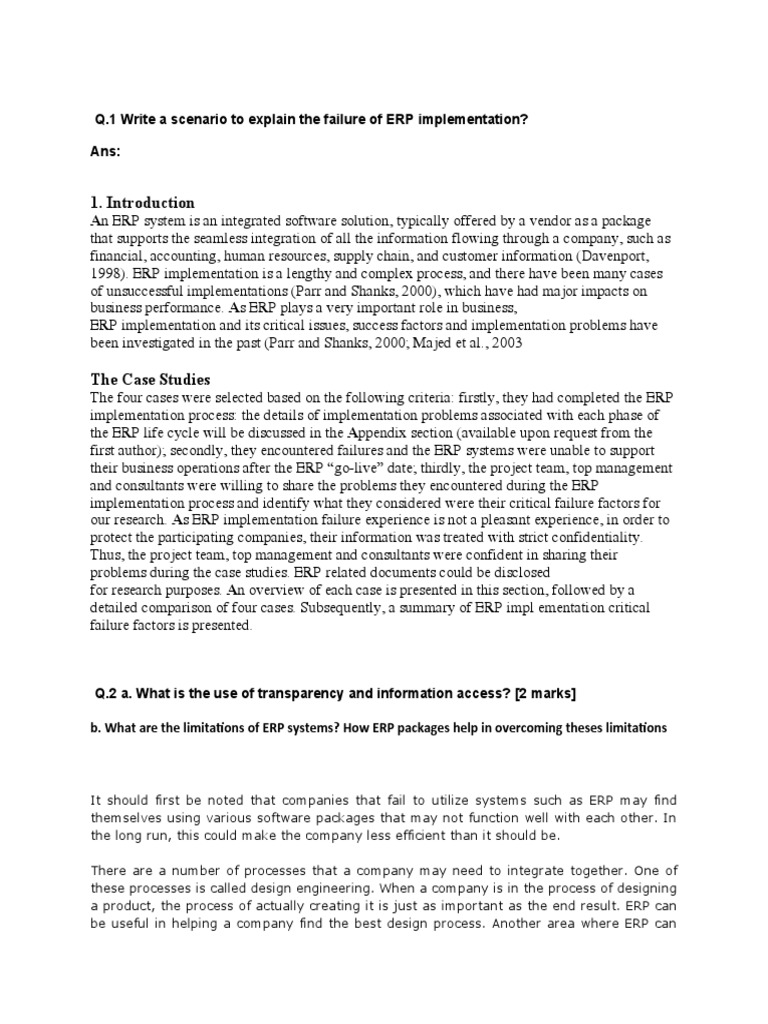 Q.1 Write A Scenario To Explain The Failure of ERP Implementation? Ans ...
