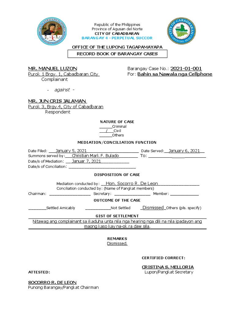 Record of Mediated Barangay Cases in Cabadbaran City, January-February ...