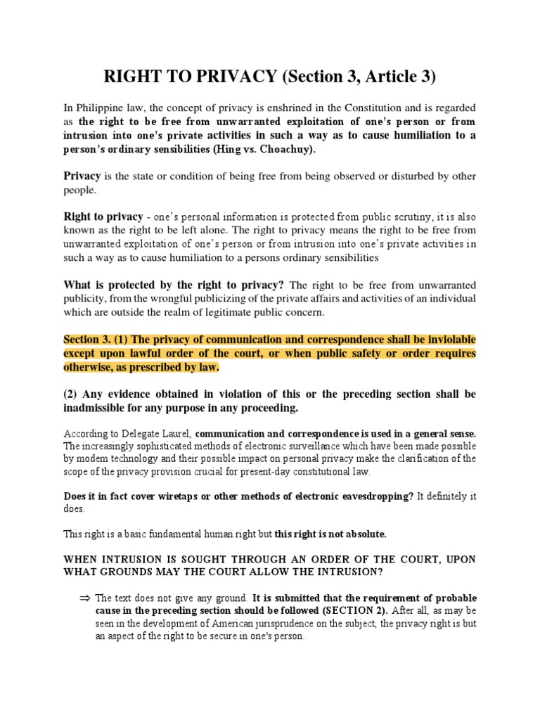 Section 3 Article 3 Right To Privacy Notes | PDF | Privacy | Right To ...