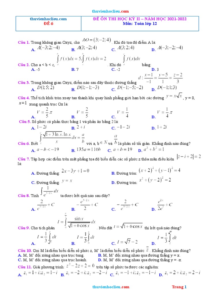 De On Thi Toan 12 HK2 Nam 2022 Co DAP AN DE 6 Thuvienhoclieu | PDF