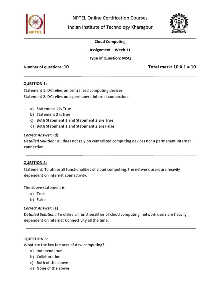 NPTEL - CC - Assignment 11 | PDF | Cloud Computing | Software As A Service