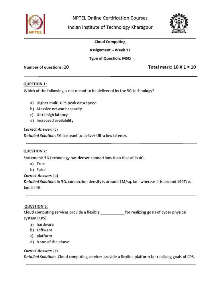 NPTEL - CC - Assignment 12 | PDF | Cloud Computing | Computing