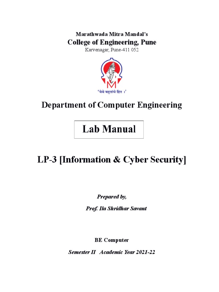 LP-3 (Information & Cyber Security) Lab Manual 2021-22 | PDF | Key (Cryptography) | Public Key ...