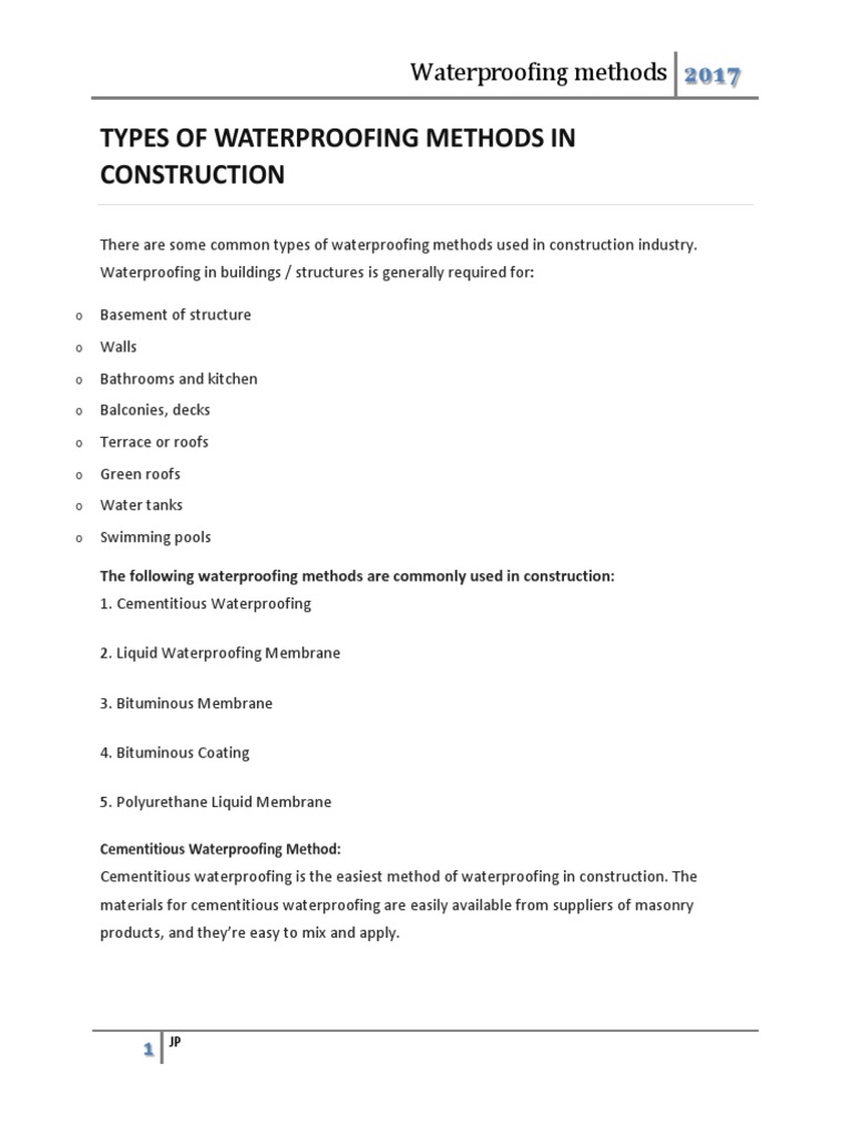 Water Proofing Methods | PDF | Concrete | Asphalt