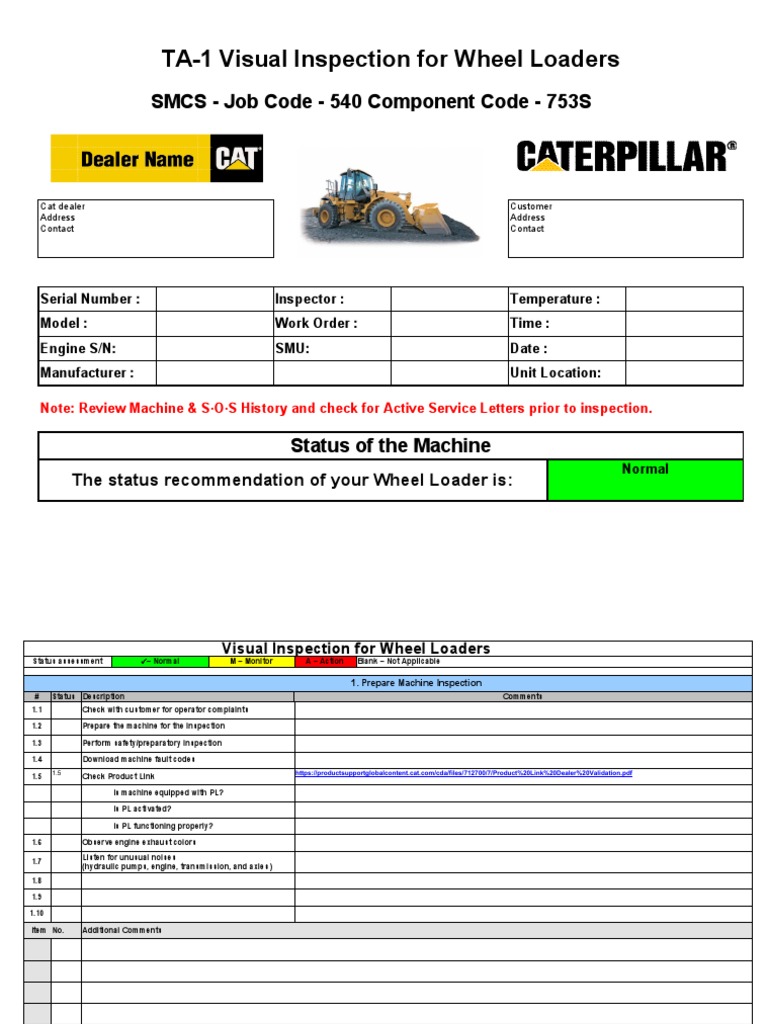 TA1 Visual Inspection Form Master - Wheel Loader | PDF | Axle | Leak
