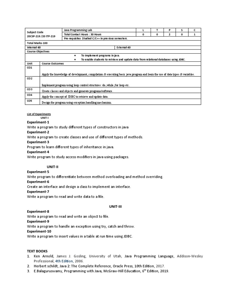 Java Programming Lab Syllabus Pdf Java Programming Language 2820