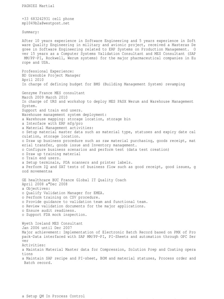 Senior SAP MM PP-PI MES PMX/PASX Pharma | PDF | Verification And ...