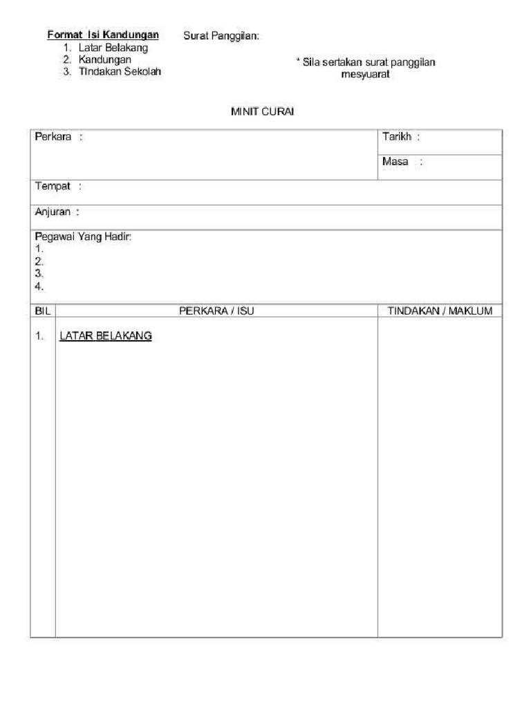 Borang Minit Curai | PDF
