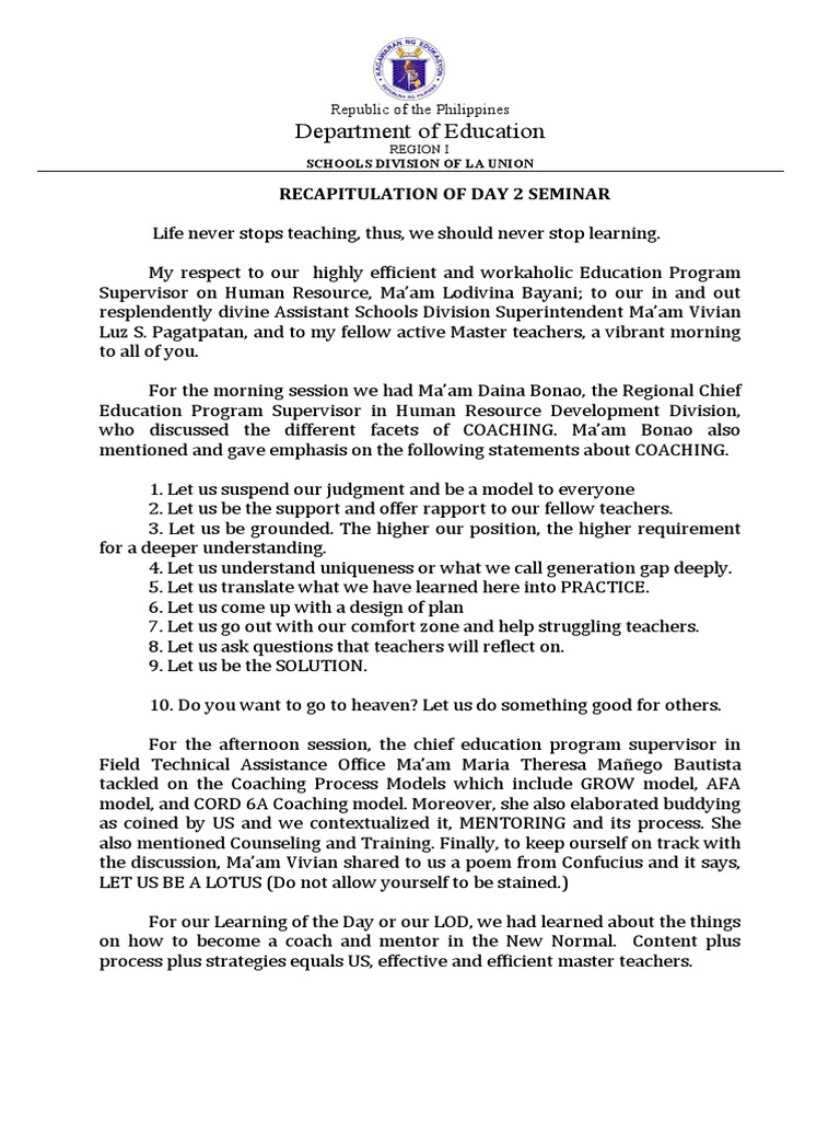 Department of Education: Recapitulation of Day 2 Seminar | PDF