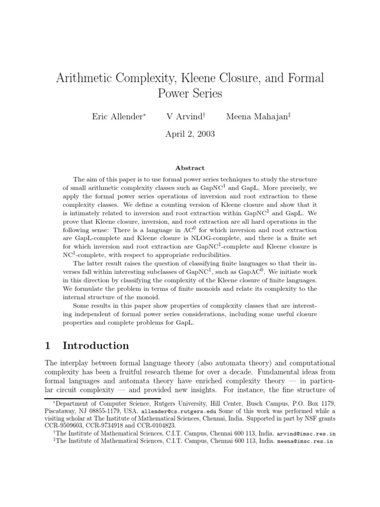 Arithmetic Complexity, Kleene Closure, and Formal Power Series | PDF | Determinant ...
