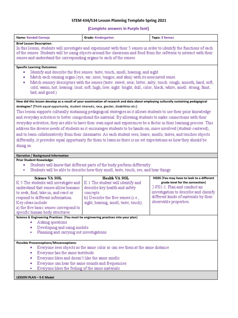 Kindergarten 5 Senses Lesson Plan | PDF | Language Arts & Discipline ...