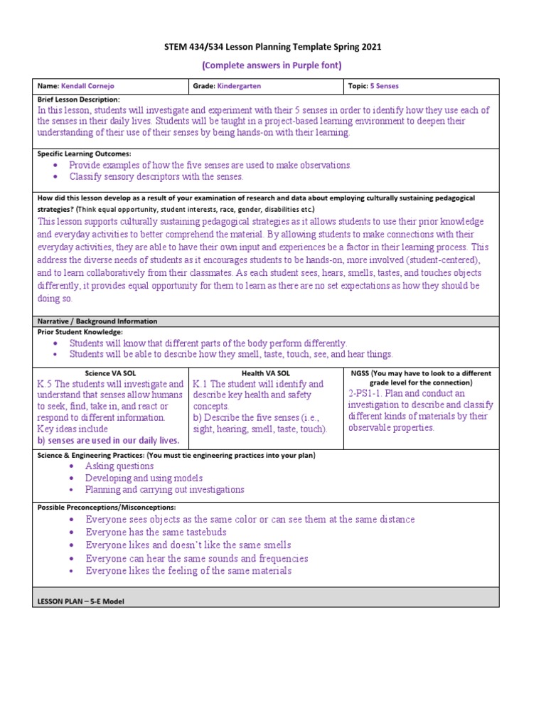 Kindergarten 5 Senses Lesson Plan | PDF | Senses | Learning