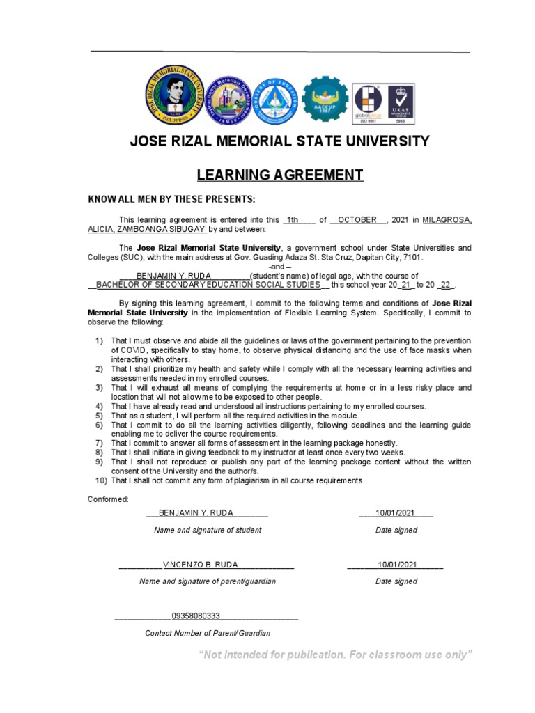 Jose Rizal Memorial State University Learning Agreement: Know All Men ...