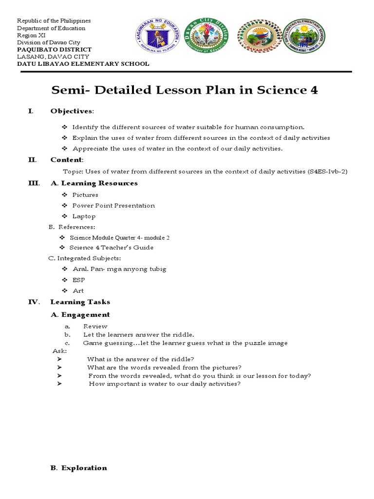 Semi-Detailed Lesson Plan in Science 4: I. Objectives | PDF | Water ...