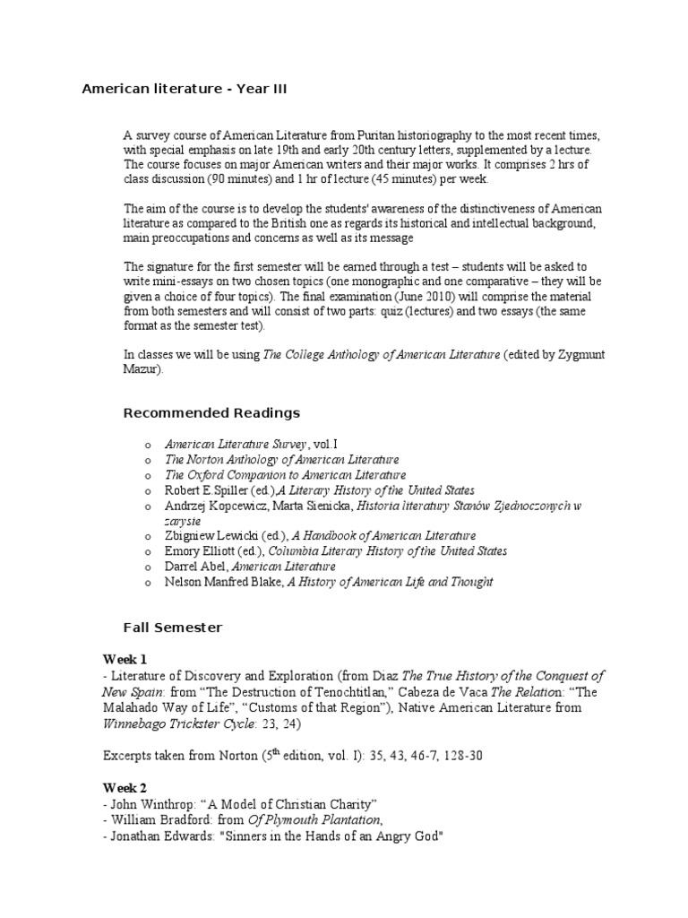 American Literature - Course Outline Updated Sem I | Download Free PDF ...