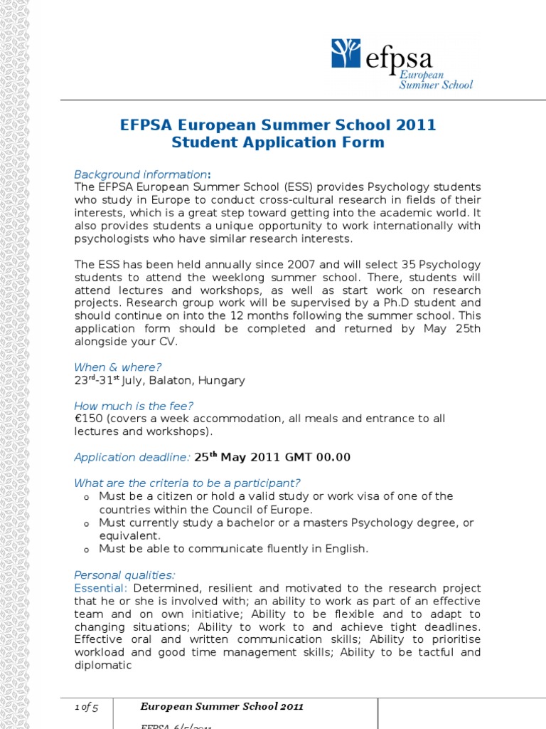 ESS 2011 - Student Application | PDF | Doctor Of Philosophy | Psychology