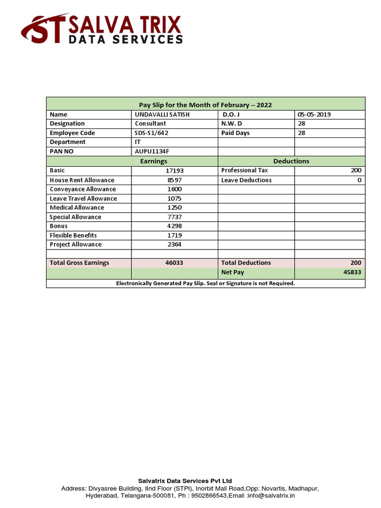 Pay Slip For The Month of February - 2022: Name D.O. J Designation N.W ...