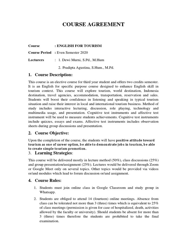 English for Tourism Course Agreement | PDF | Tourism | Learning