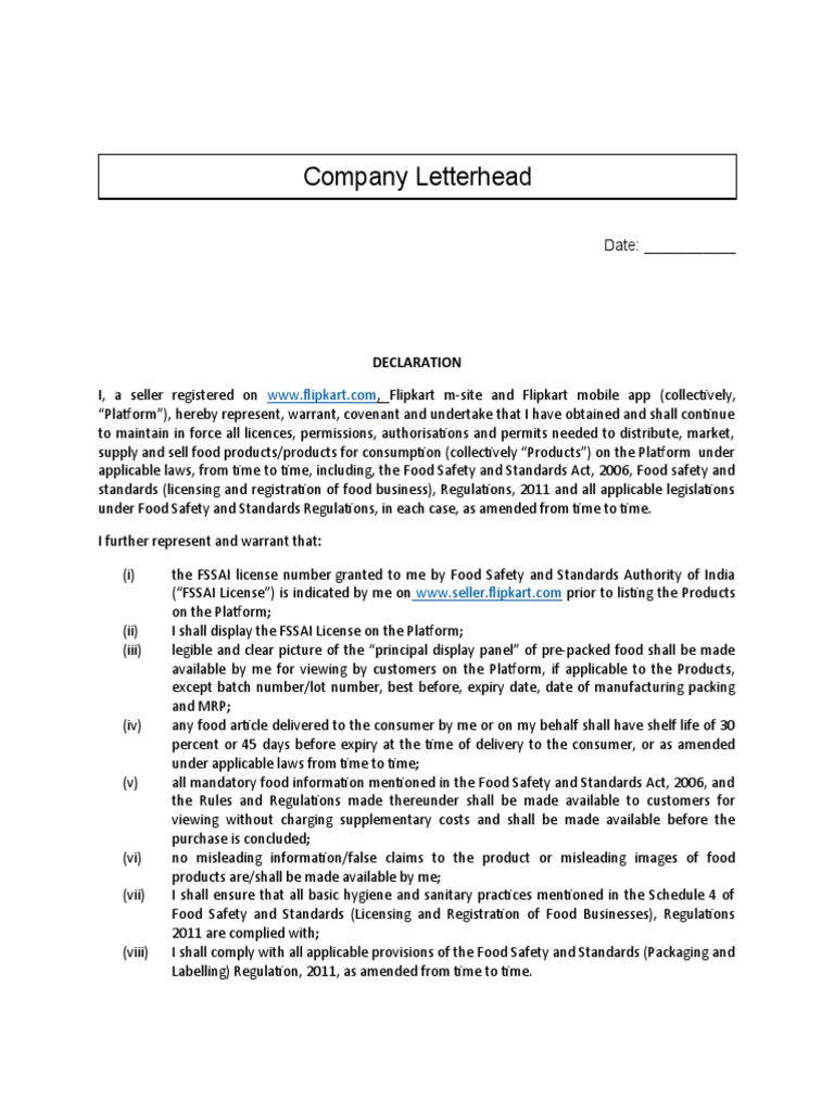 Company Letterhead: Declaration | PDF | Food Safety | Foods