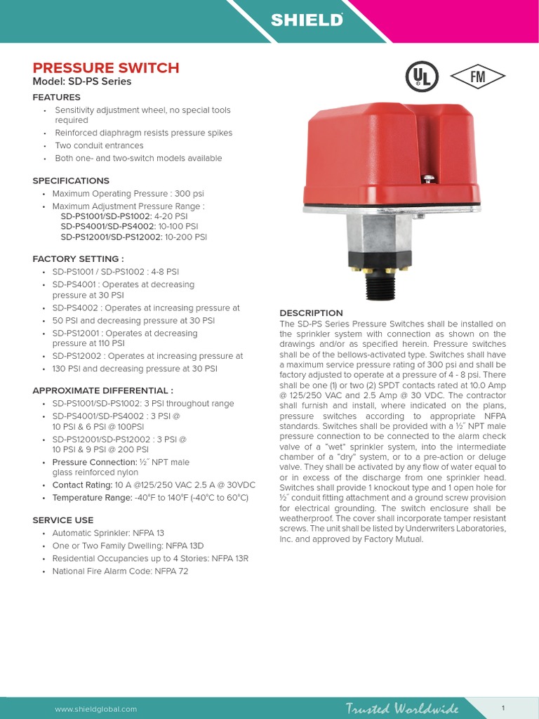 Pressure Switch: Model: SD-PS Series | PDF | Fire Sprinkler System | Valve