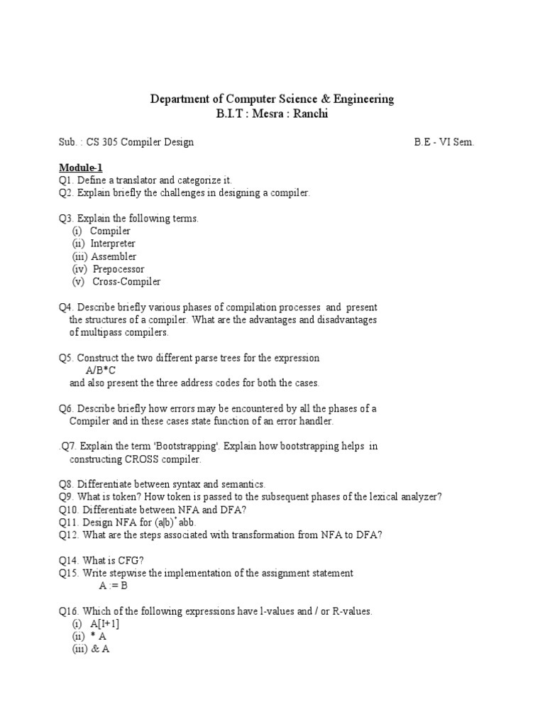 CS 305 Compiler Design | PDF | Parsing | Computing