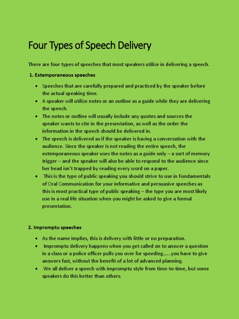 Types of Speech Delivery Explained | PDF | Public Speaking | Communication