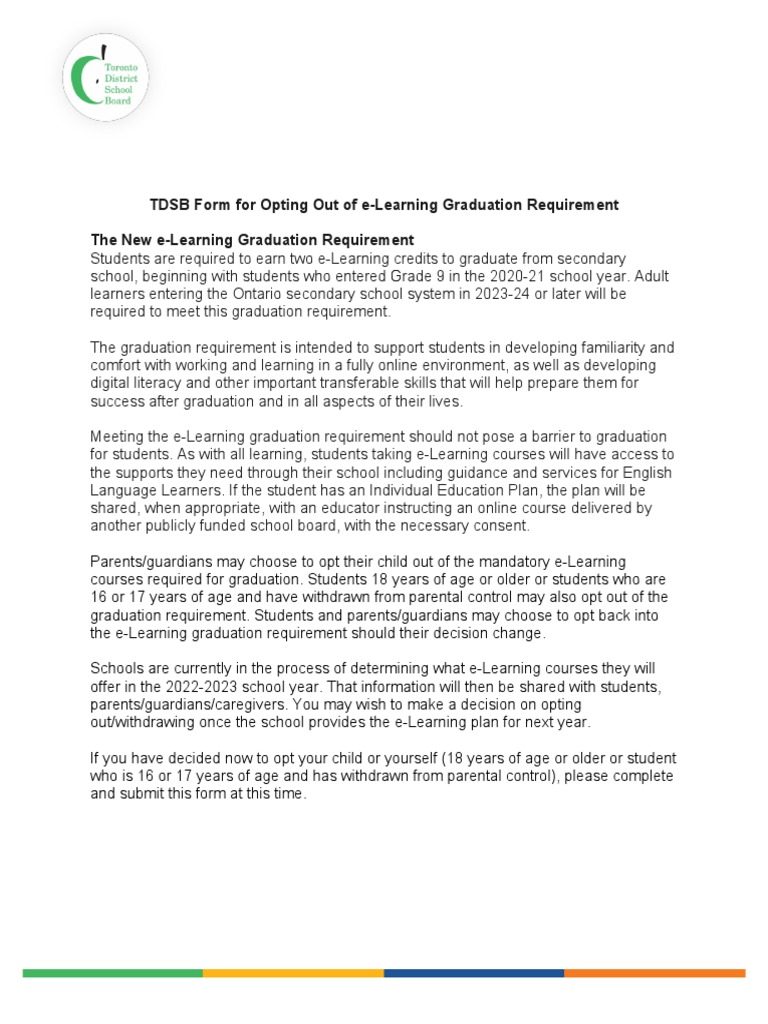 TDSB Opt Out Form-Online Grad Requirement | PDF | Educational ...