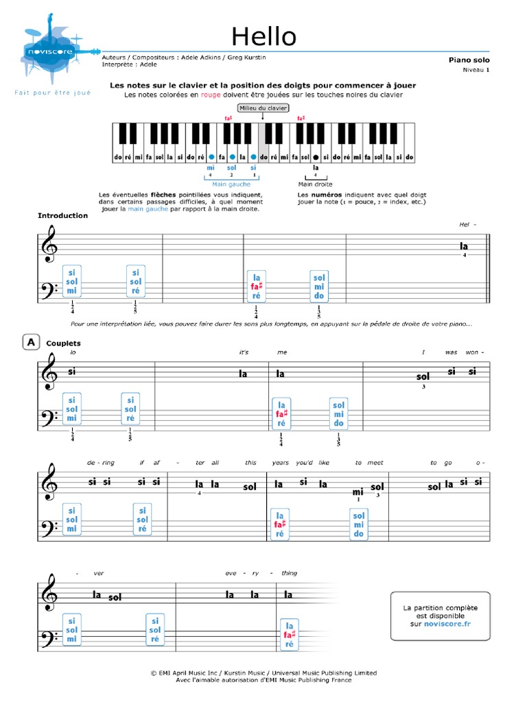 Hello Adele Partitions Piano Solo Niveau 1 | PDF