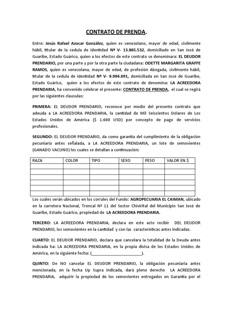 Contrato de Prenda | PDF | Pagos | Derecho privado
