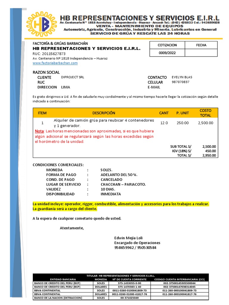 Cotizacion Izaje - Huaraz | PDF | Servicios financieros | Bancario