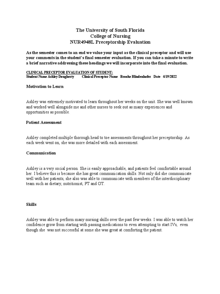 Preceptor Evaluation of Student | PDF | Self-Improvement