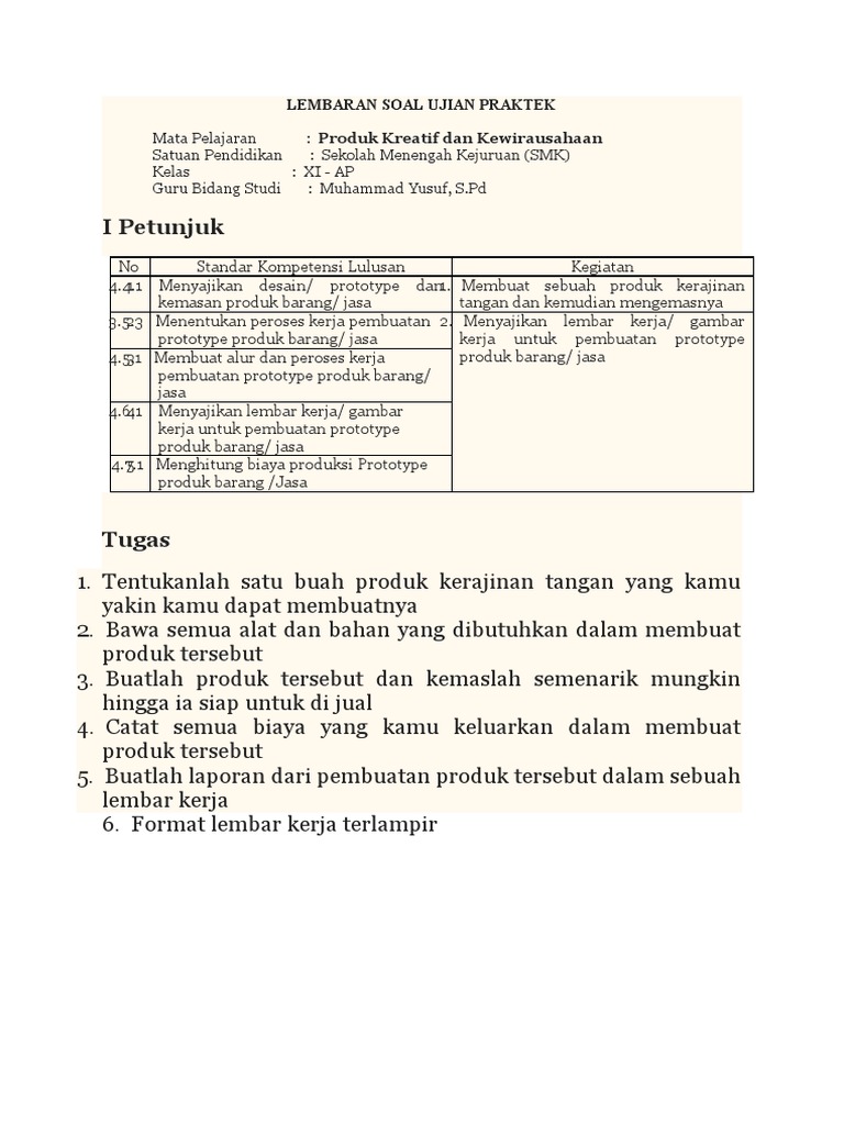 Lembaran Soal Ujian Praktek | PDF | Seni