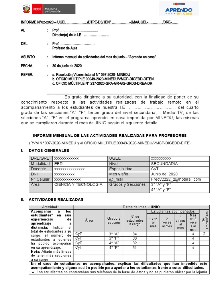 Informe Mensual de Las Actividades Realizadas para Profesores | PDF ...