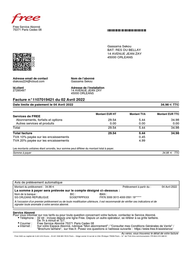 Facture Freebox d'Avril 2022 - 34,98 € | PDF | Taxe sur la valeur ...