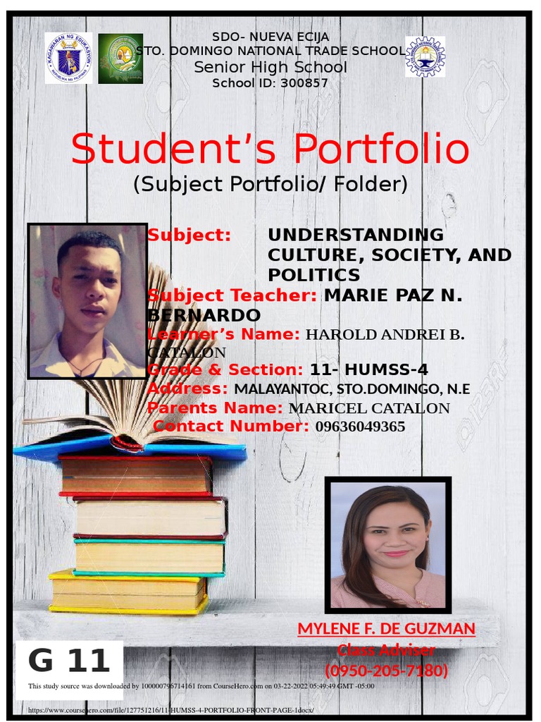 11 Humss 4 Portfolio Front Page 1 | PDF | Education Theory | Cognition