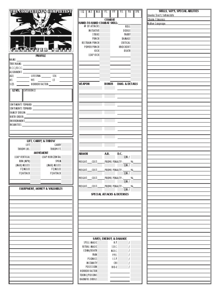 The Completist S Complete Rifts Character Sheet by Hrsegovia Ddfy9oj | PDF | Role Playing Games ...