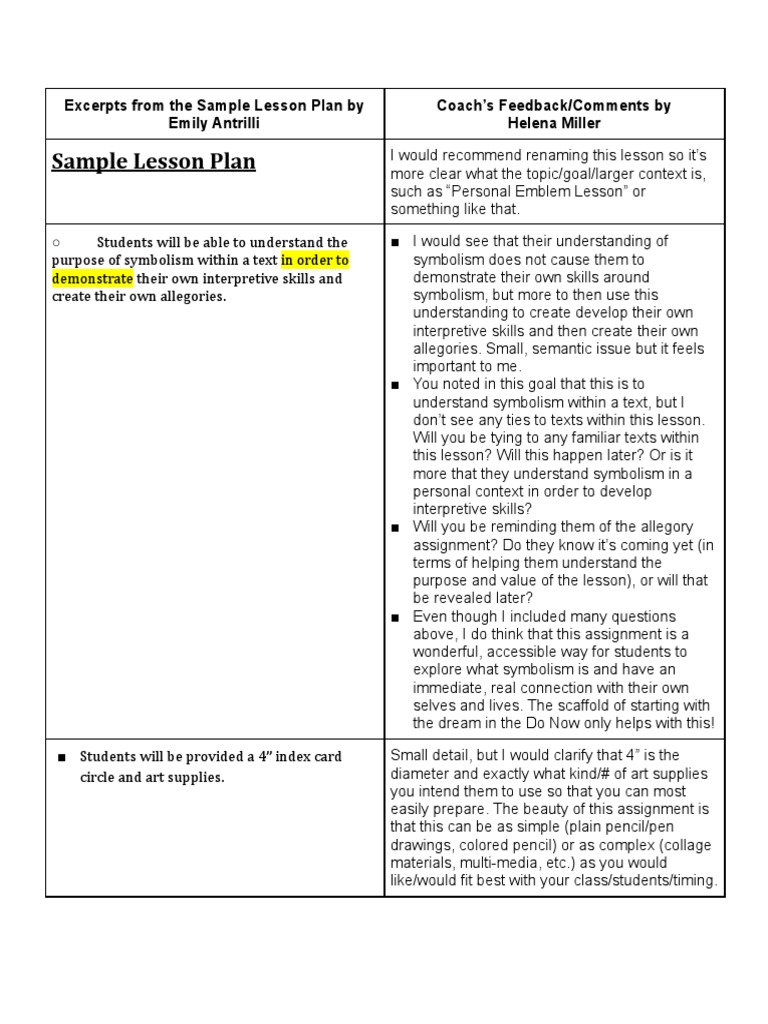 Personal Emblem Lesson Plan Feedback | PDF | Lesson Plan | Behavior ...