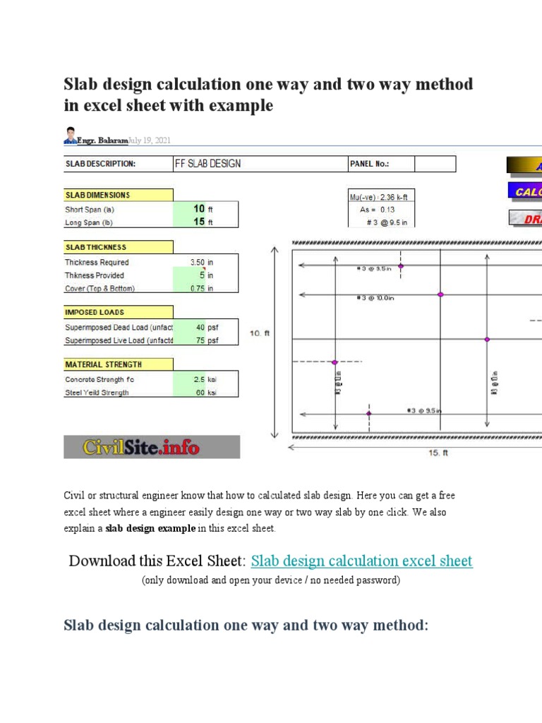 Slab Design Calculation One Way and Two Way Method in Excel Sheet With Example | PDF | Strength ...