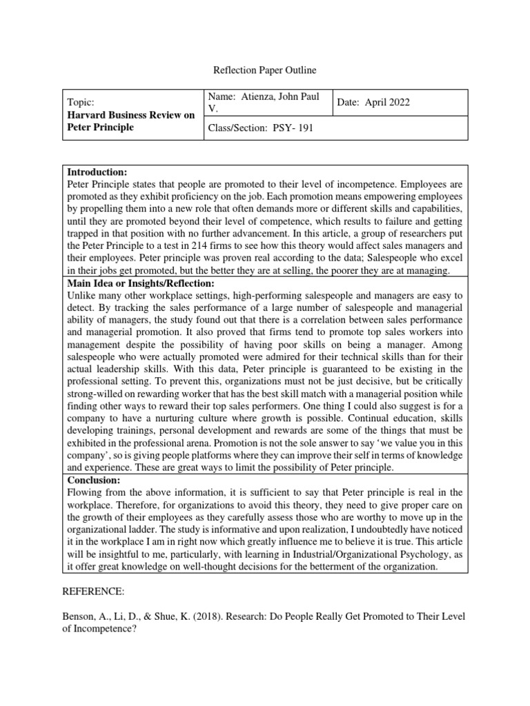 Peter Principle - Reflection | PDF | Cognitive Science | Behavioural Sciences